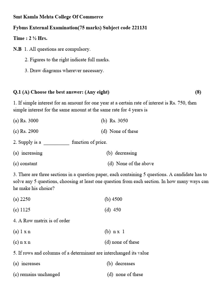 Fybms External Exam Paper 221131 | PDF | Matrix (Mathematics) | Determinant