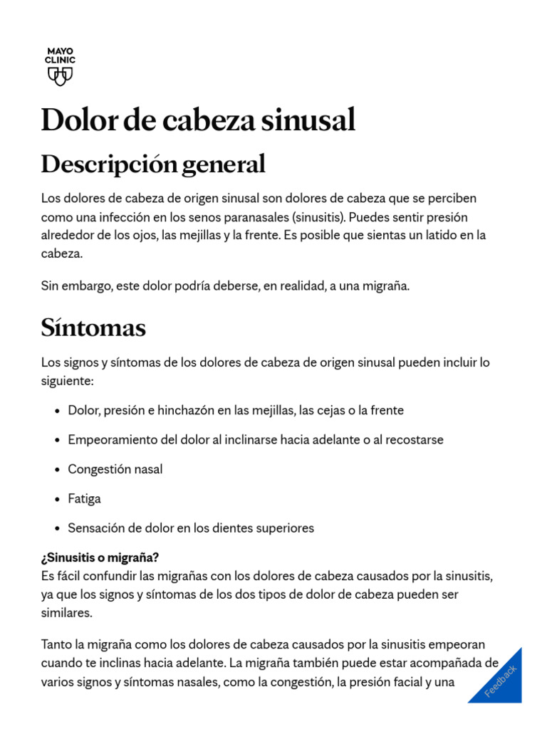 Dolor de Cabeza Sinusal - Síntomas y Causas - Mayo Clinic | PDF | Dolor ...