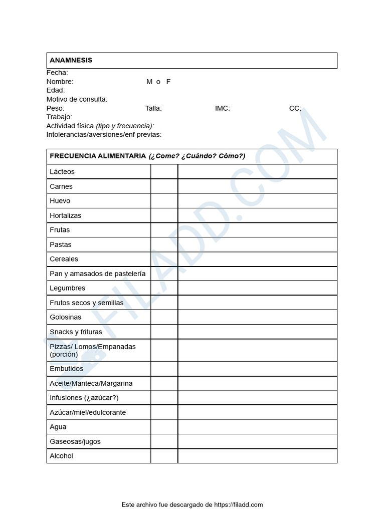 Anamnesis Alimentaria | PDF | Estilo de vida Anamnesis Alimentaria | PDF | Estilo de vida