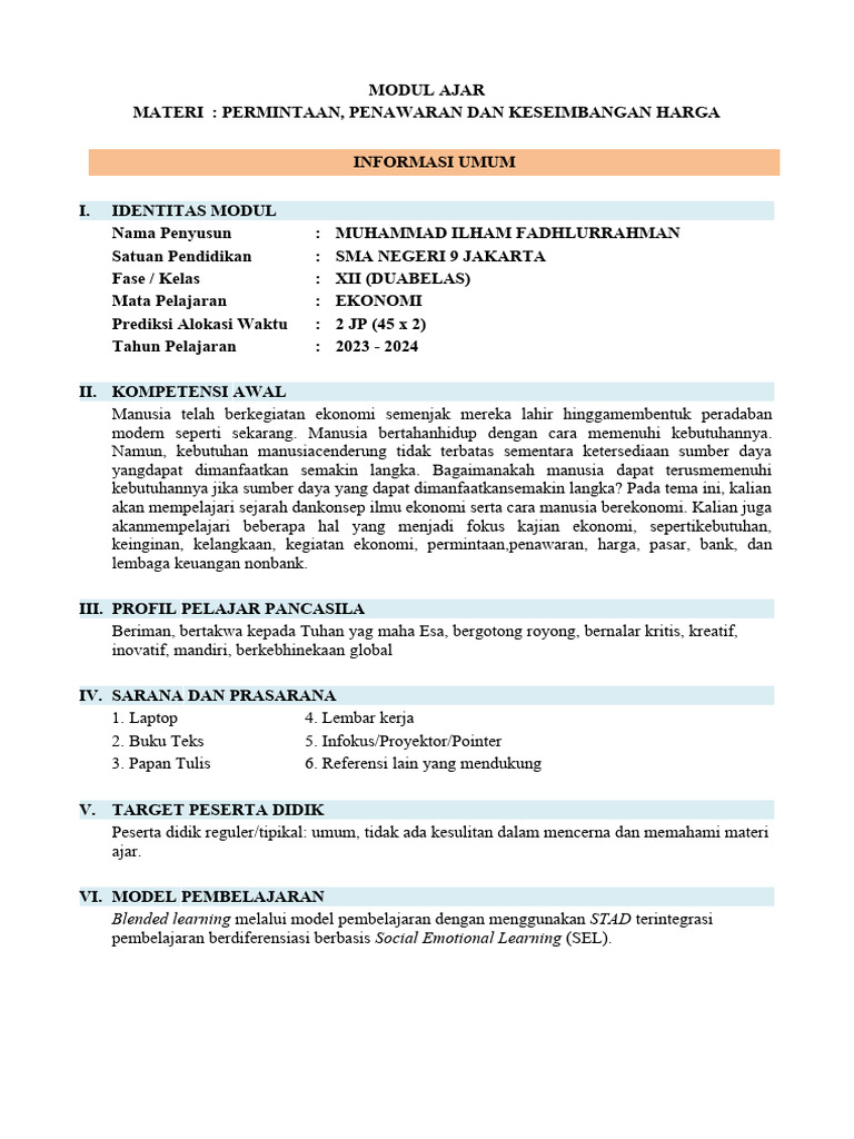 Modul Ajar Ekonomi Kelas 10: Permintaan dan Penawaran | PDF