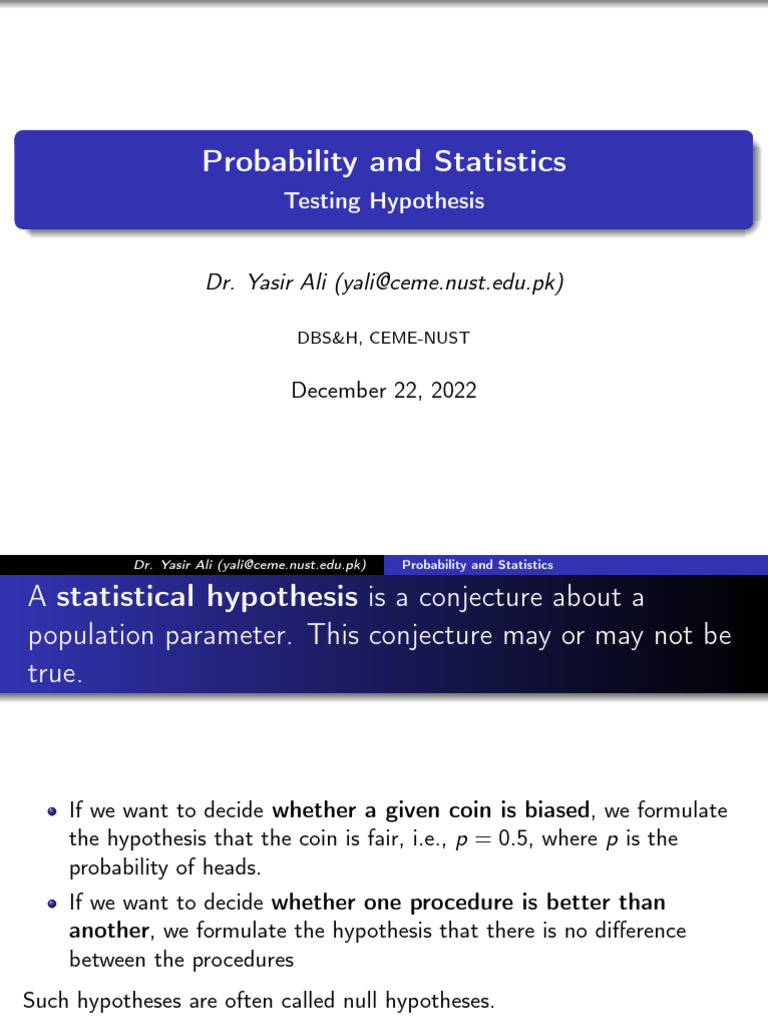 Probability and Statistics: Testing Hypothesis | PDF | Statistical ...