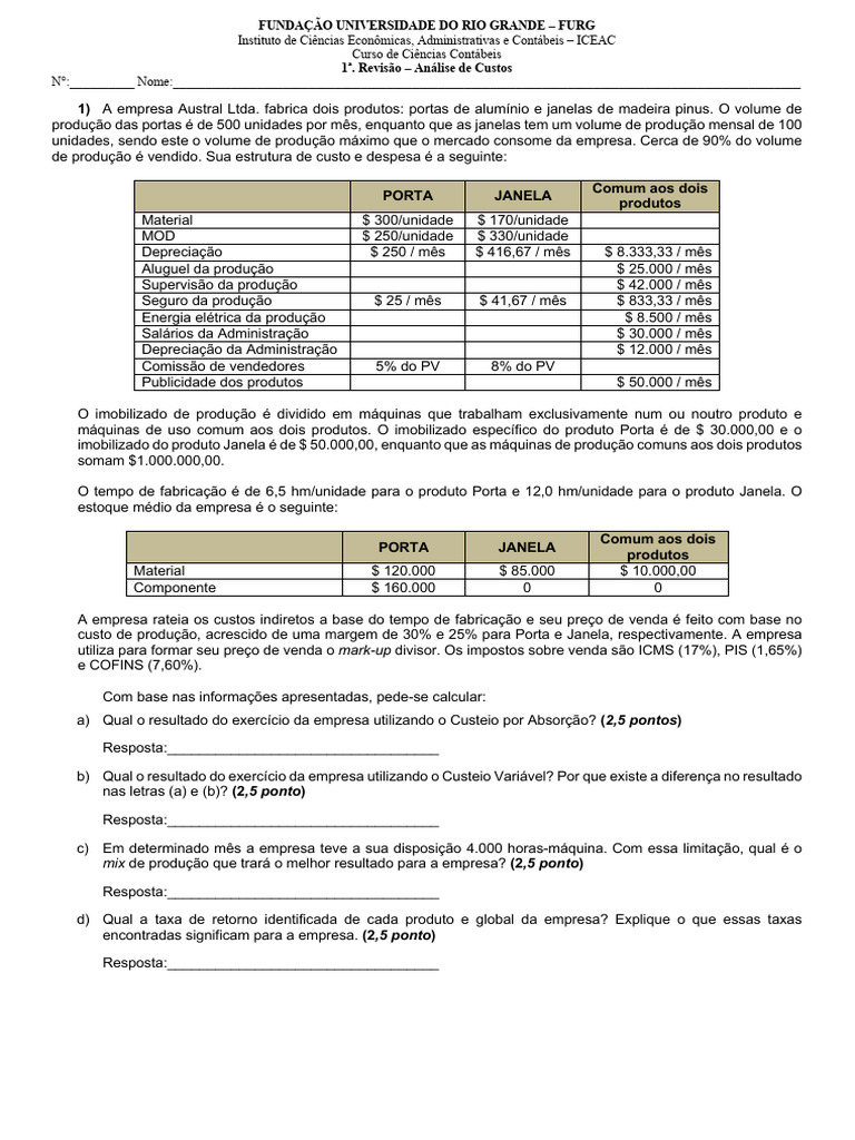 Análise de Custos da Austral Ltda. | PDF | Despesa | Economias