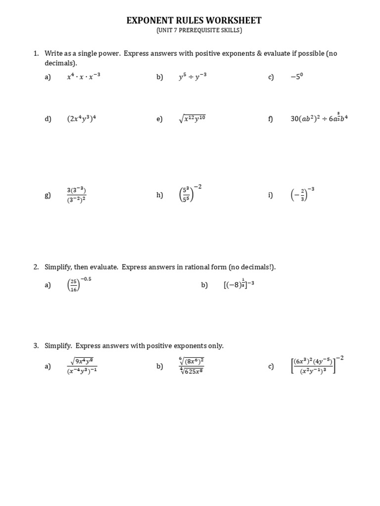 Exponent Rules WORKSHEET | PDF