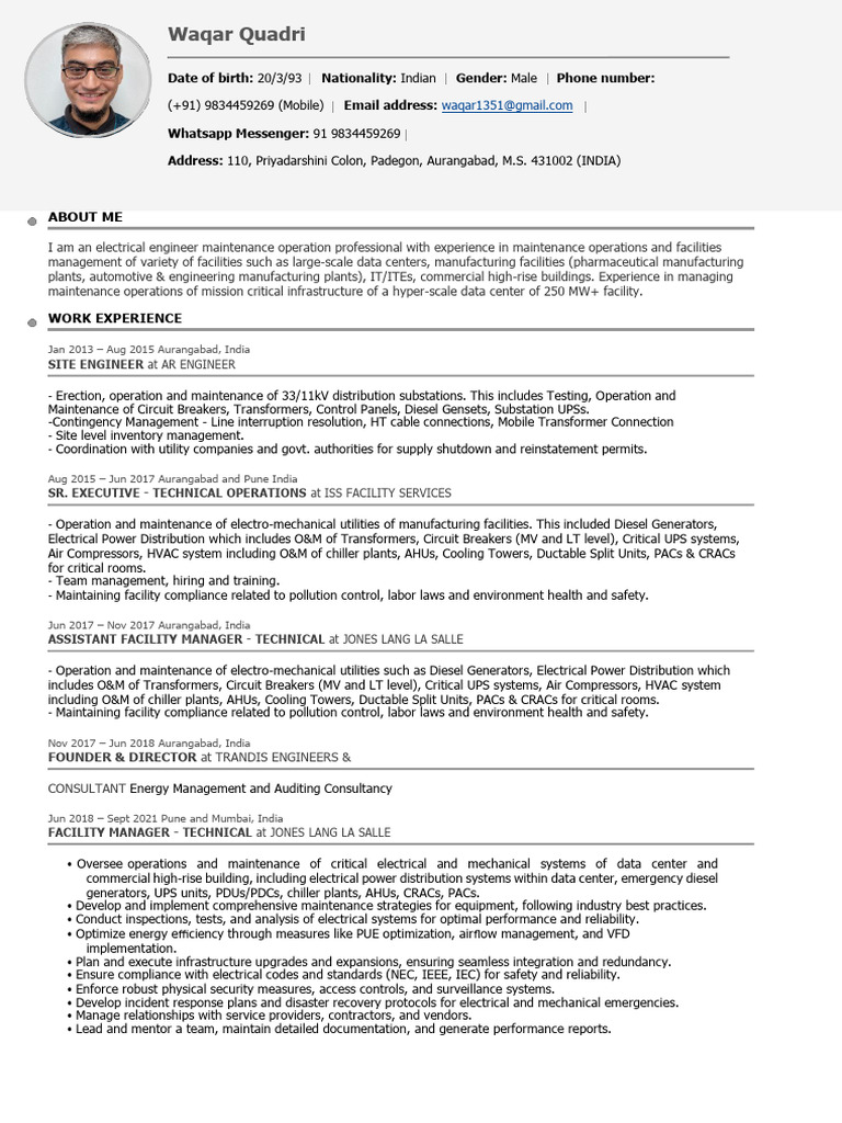 CV - Waqar Quadri. | PDF | Data Center | Transformer
