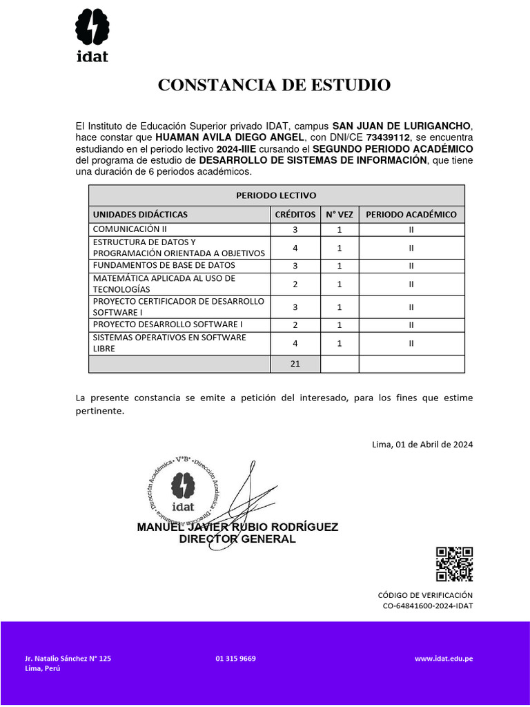 Constancia de Estudio Idat | PDF