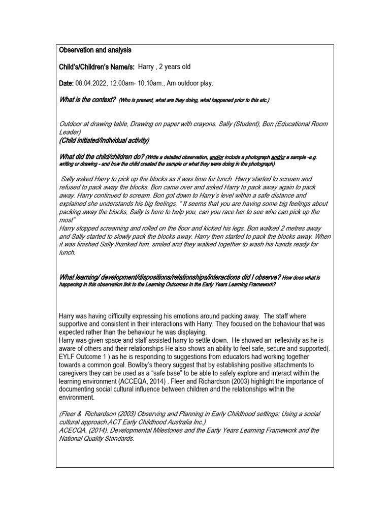 Behaviours - Example.observation. S Proforma | PDF | Psychological ...