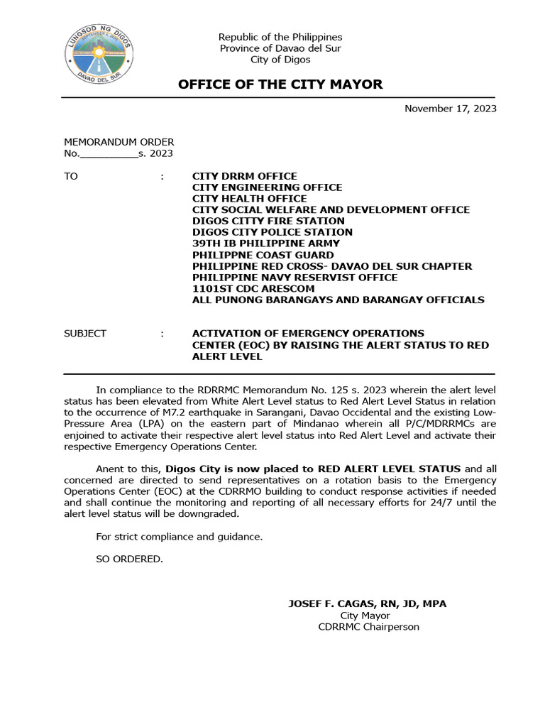 Activation of Emergency Operation Memo | PDF