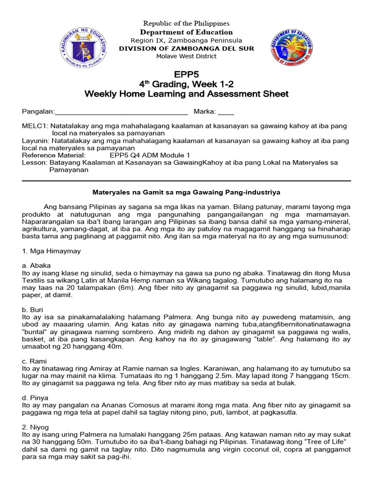 EPP5-week 1-2 WHoLaA Sheets | PDF