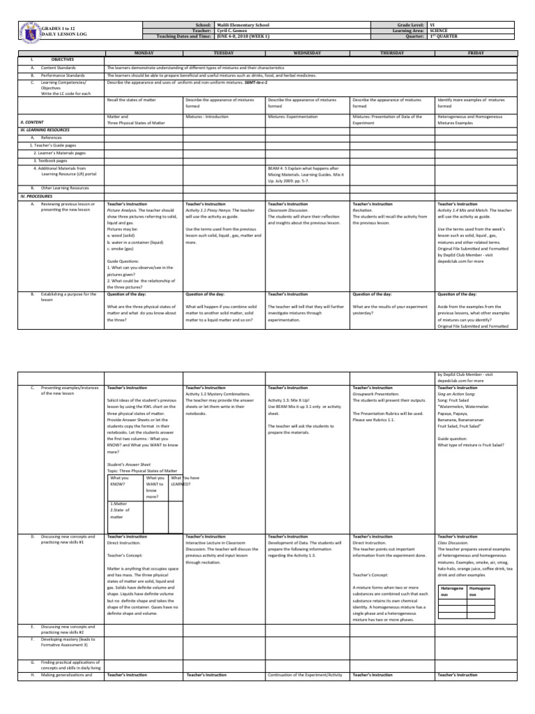 DLL - Science 6 - Q1 - W1 | PDF | Mixture | Teachers