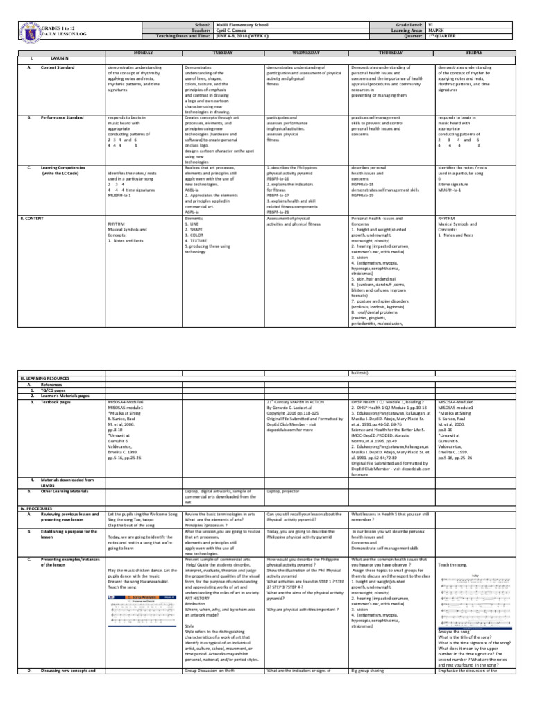 DLL - Mapeh 6 - Q1 - W1 | PDF | Physical Fitness | Rhythm