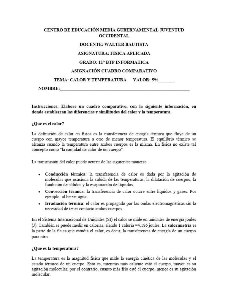 Cuadro Comparativo Temperatura y Calor | PDF | Calor | Temperatura Cuadro Comparativo Temperatura y Calor | PDF | Calor | Temperatura