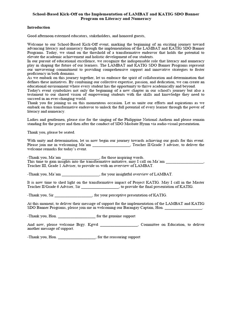 Script - SDO Lambat and Katig Program | PDF | Literacy | Behavior Modification