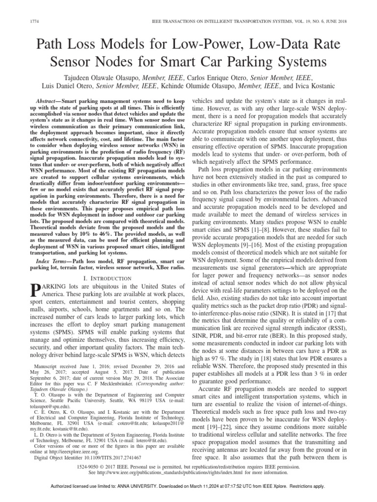 Path Loss Models for Low-Power- Low-Data Rate Sensor Nodes for Smart Car Parking Systems IEEE ...