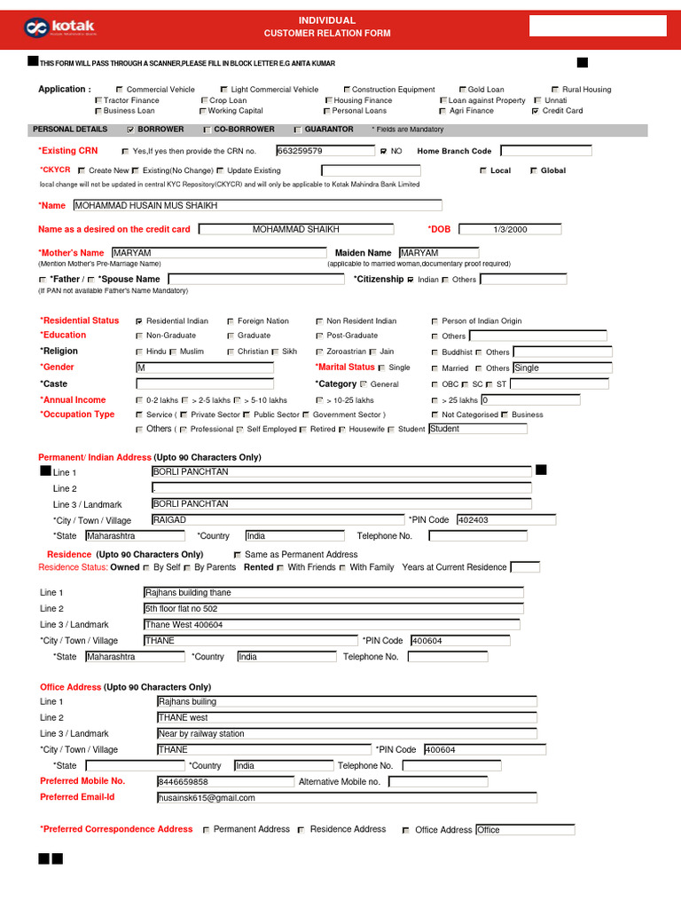 Kotak Credit Card Application Form | PDF | Identity Document | Credit Card