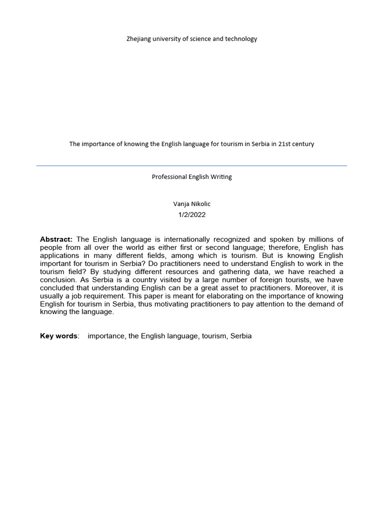 The Importance of Knowing The English Language For Tourism in Serbia in ...