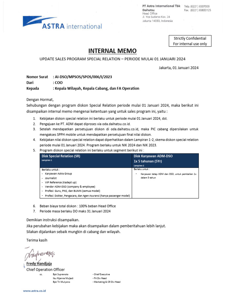 INTERNAL MEMO Special Relation (SR) Dan Karyawan ADM-DSO (5yr) - 01 Jan 2024 | PDF