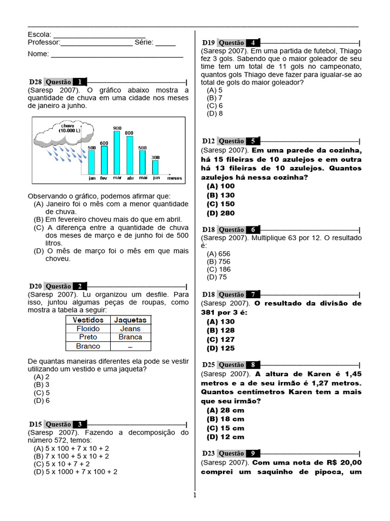 Simulado 31 (Mat. 5º ano) - Blog do Prof. Warles | PDF