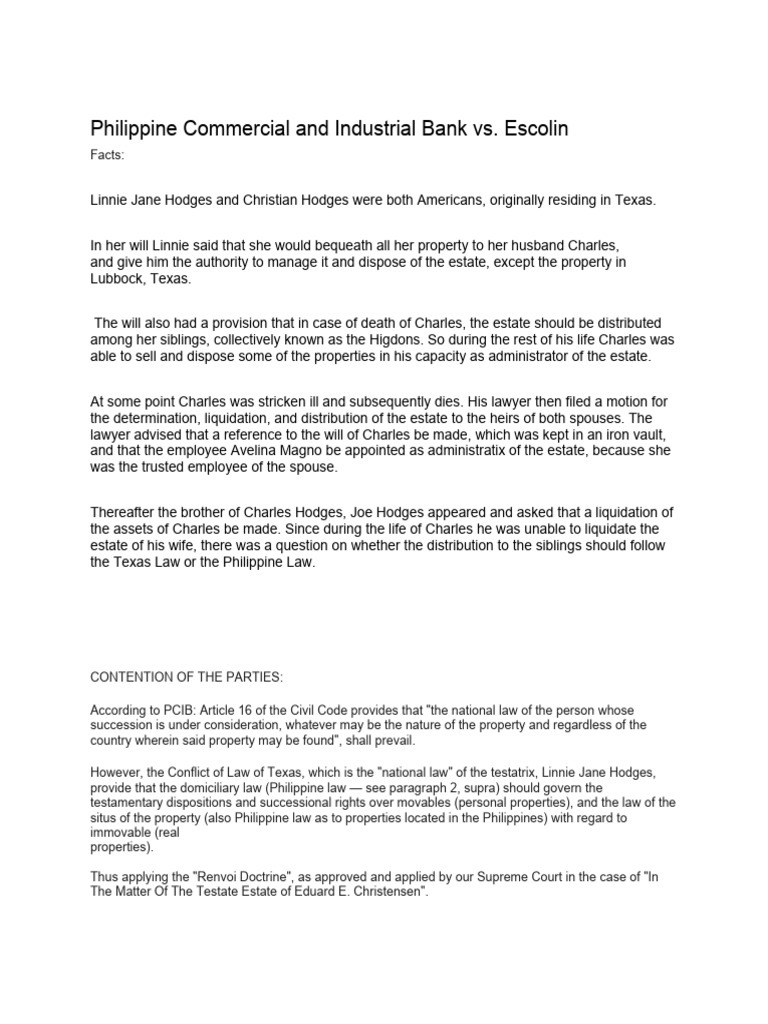 S. Philippine Commercial and Industrial Bank vs. Escolin | PDF | Will ...