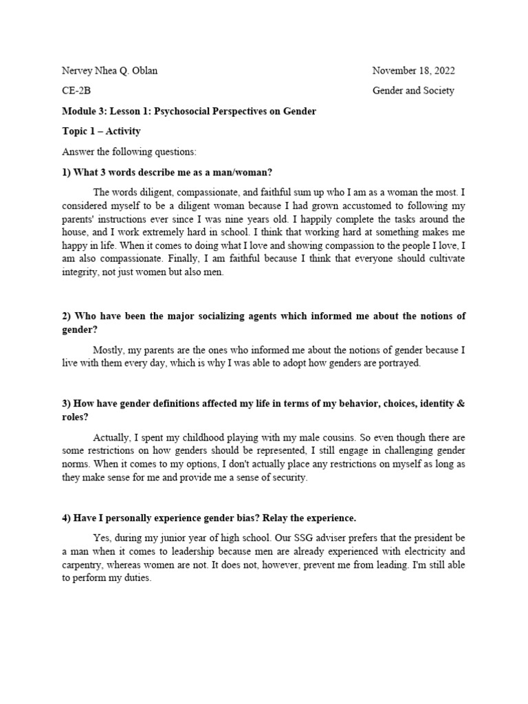 Oblan Nervey Nhea Activity 5 7 | PDF | Gender | Gender Studies