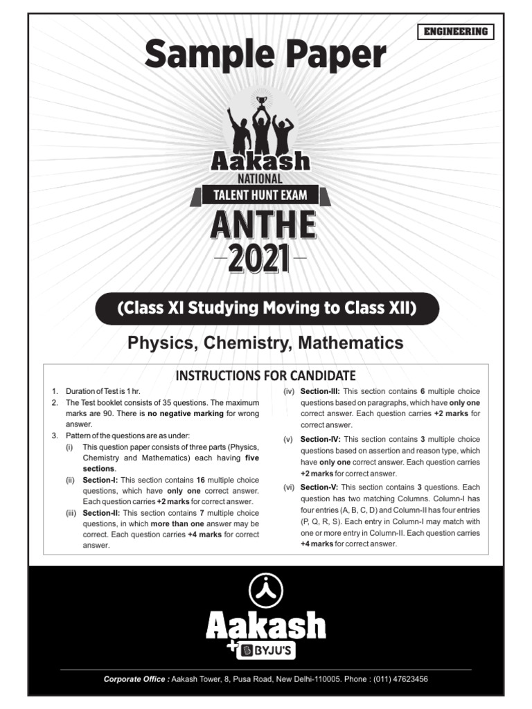Aakash Sample Engineering Paper Class 11 | PDF | Gases | Acceleration