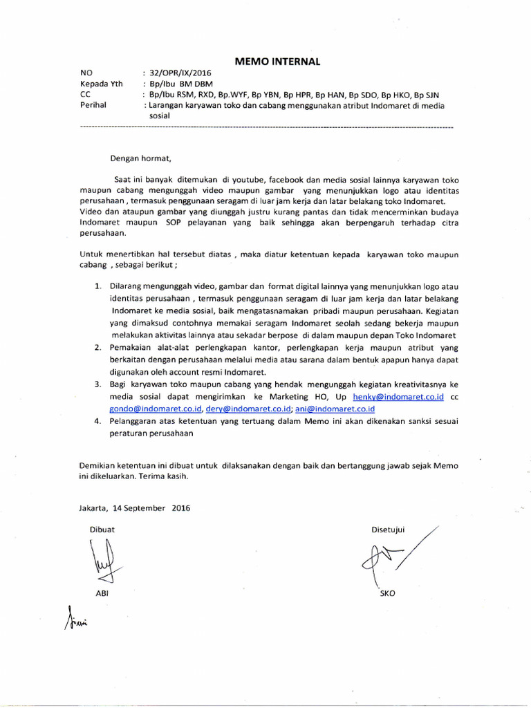 Memo Internal No. 32-OPR-IX-2016 Prihal Larangan Karyawan Menggunakan Atribut Indomaret Di Media ...
