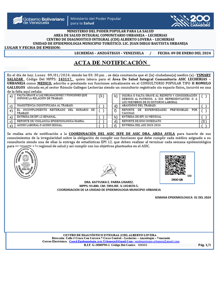 Acta de Incumplimiento Epi 12 Ysmaris Ssalazar Semana 01 | PDF ...