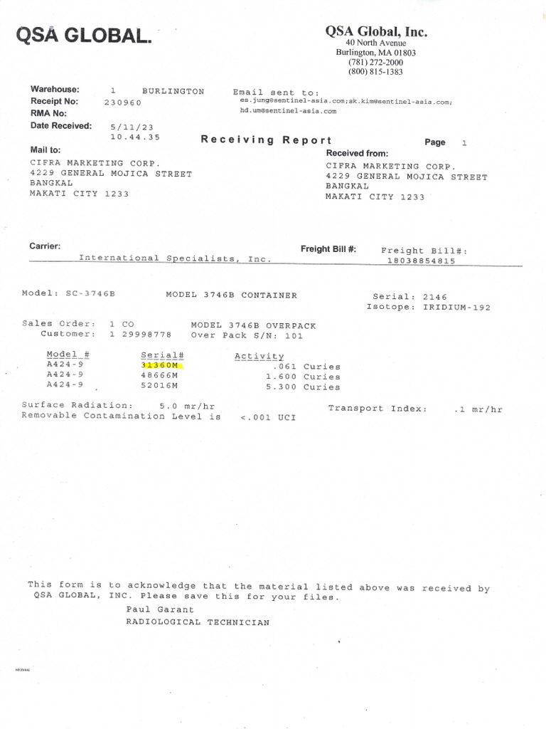 Qsa Global Inc-Receiving Report029 | PDF