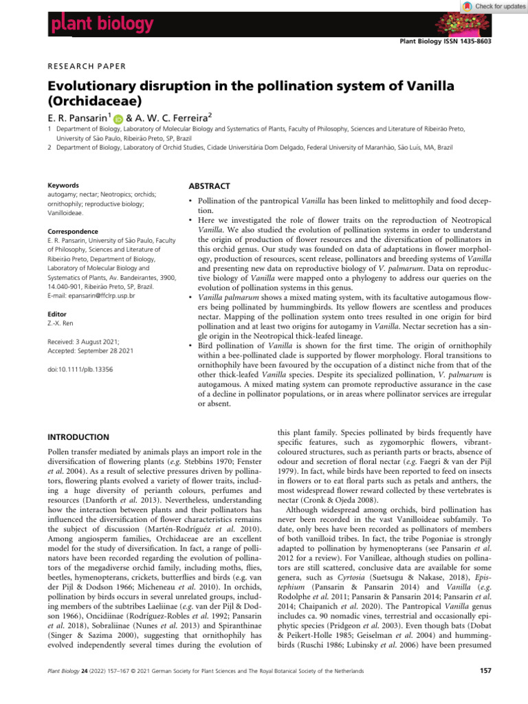 Evolutionary Disruption in The Pollination System of Vanilla Orchidaceae | Download Free PDF ...