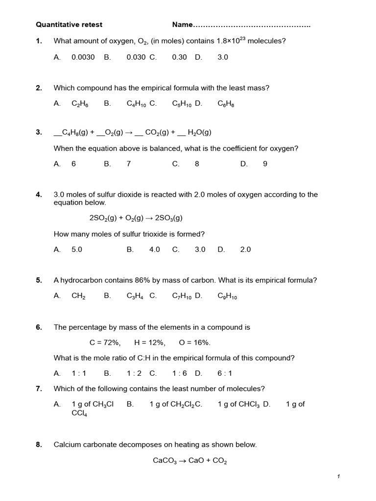 Extra Moles Questions | PDF | Mole (Unit) | Oxide