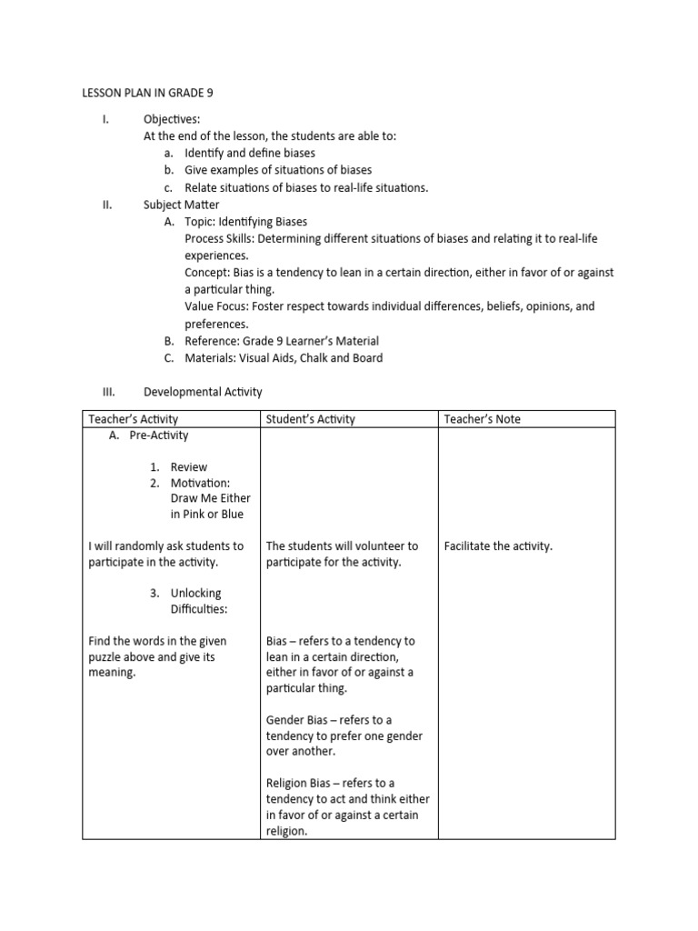 GRADE-9-LESSON-PLAN | PDF | Bias | Prejudices