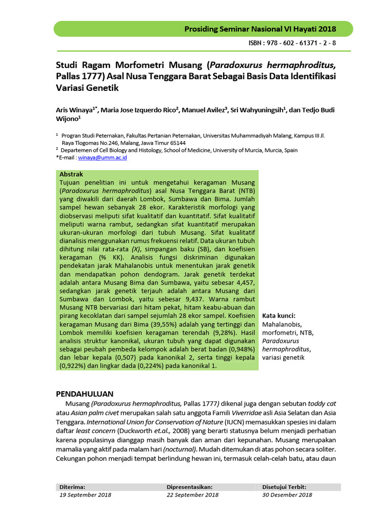 Ragam Morfometri Musang NTB 2018 | PDF