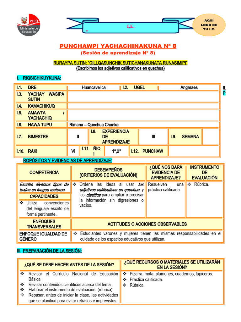 Sesión de Aprendizaje #8 - 1º,2° - Quechua Chanka | PDF | Cognición ...