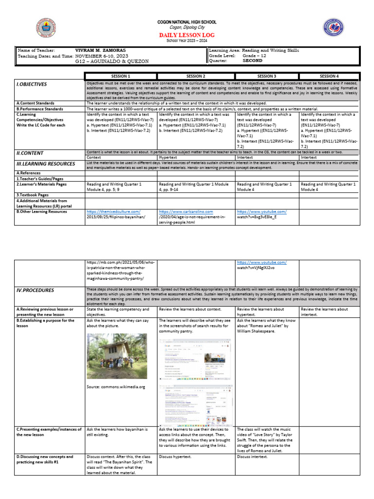 Daily Lesson Log: I.Objectives | PDF | Learning | Teachers