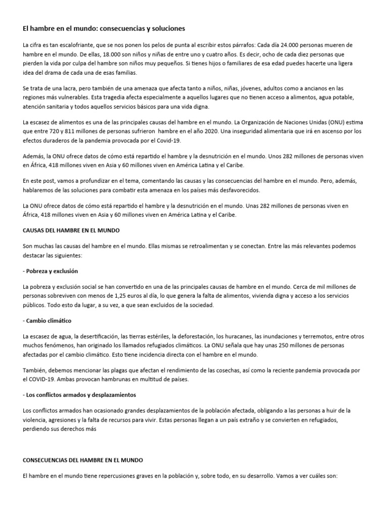 El Hambre En El Mundo Pdf Desnutrición Pobreza Extrema