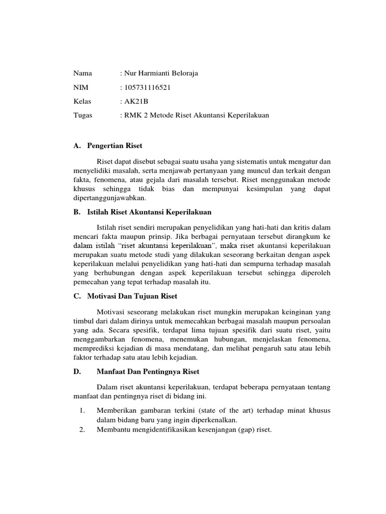 RMK 2 Metode Riset Akuntansi Keperilakuan - Nur Harmianti Beloraja | PDF | Karier & Perkembangan ...