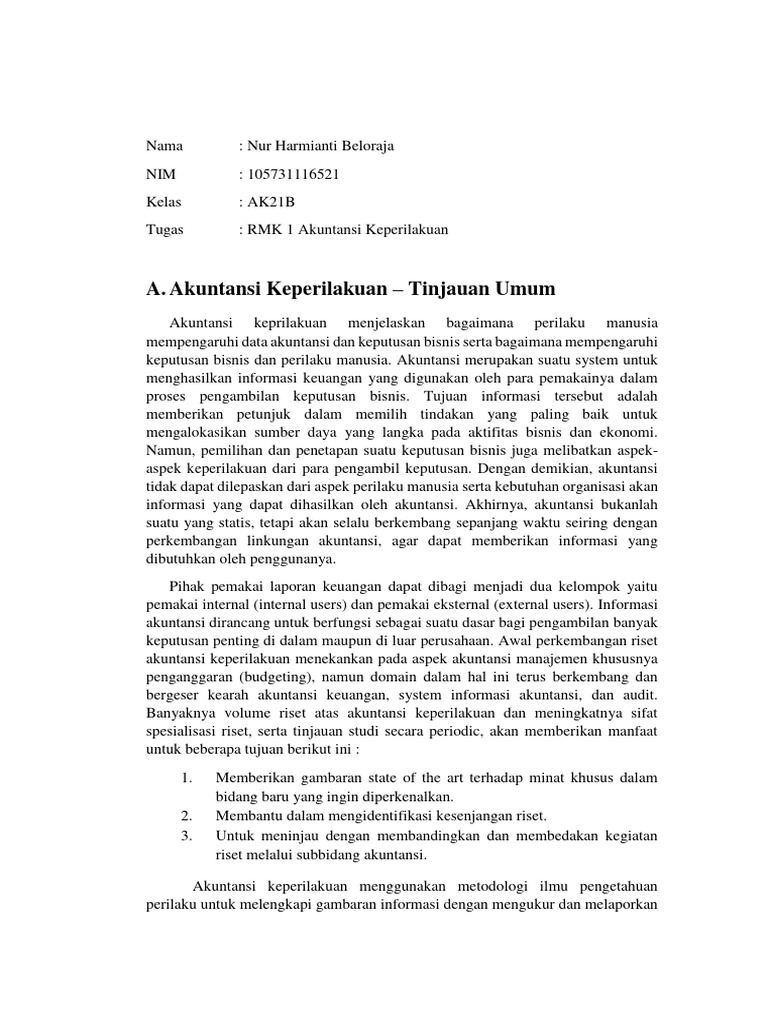 RMK 1 Pengantar Akuntansi Keperilakuan - Nur Harmianti Beloraja | PDF | Bisnis