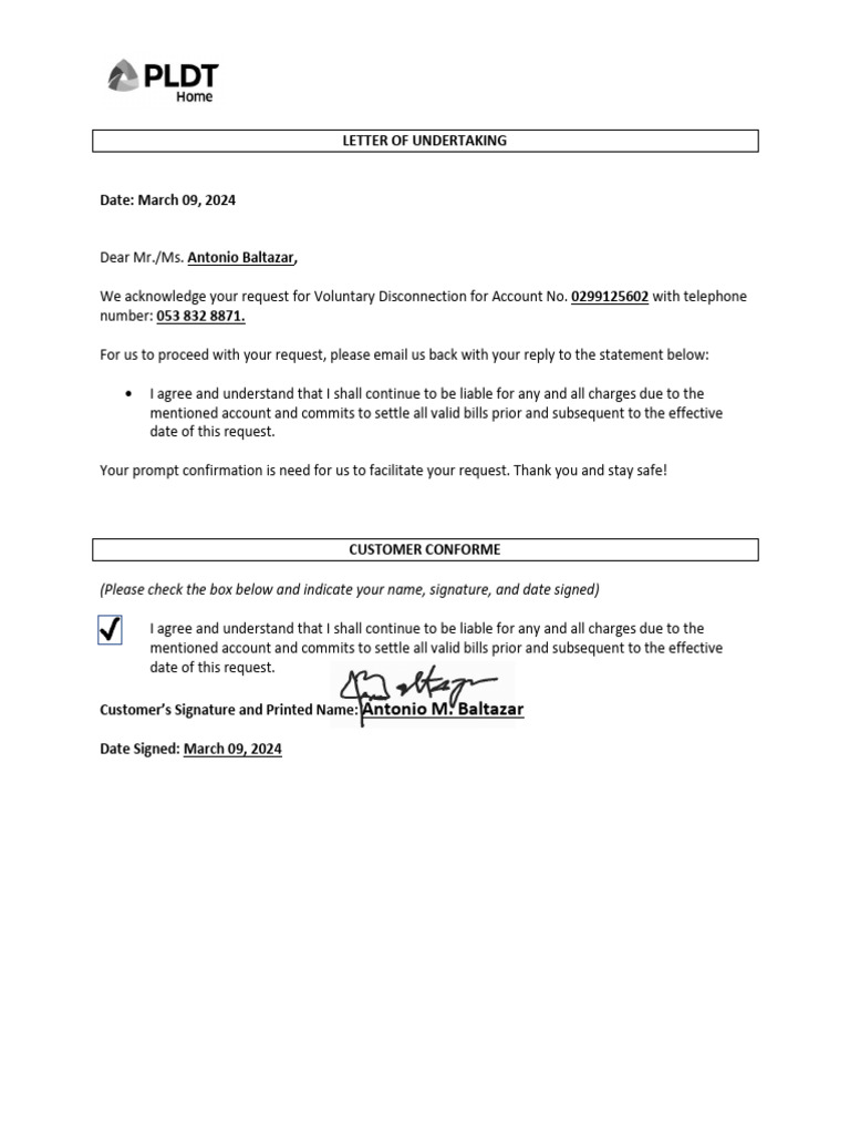 PLDT Letter of Undertaking Signed | PDF