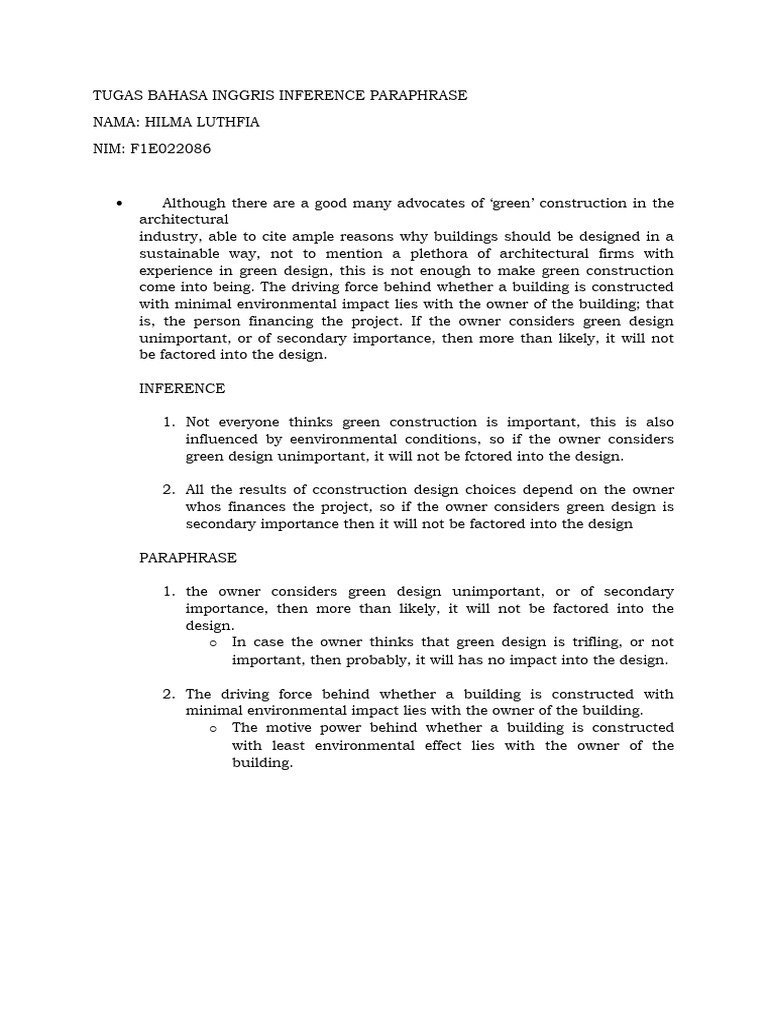 Tugas Bahasa Inggris Inference Paraphrase | PDF | Art