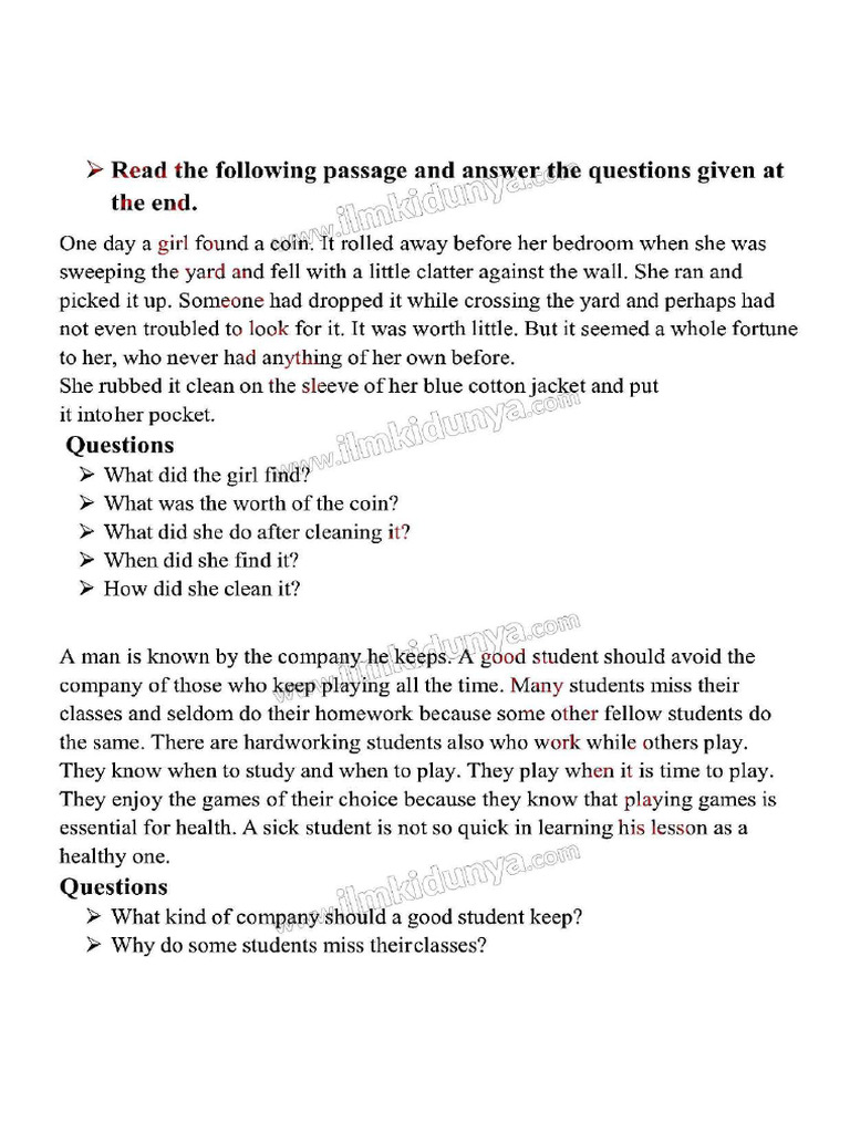 9th Class English Imp Passage | PDF