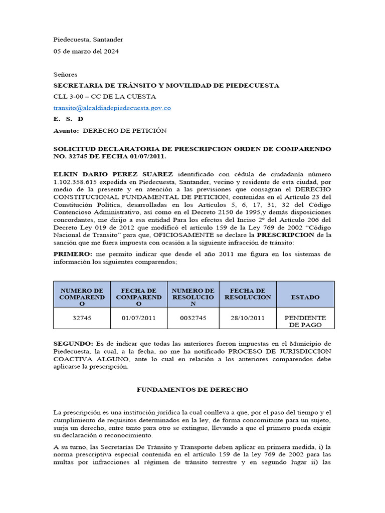 Modelo de Prescripcion de Multa de Transito | Descargar gratis PDF ...