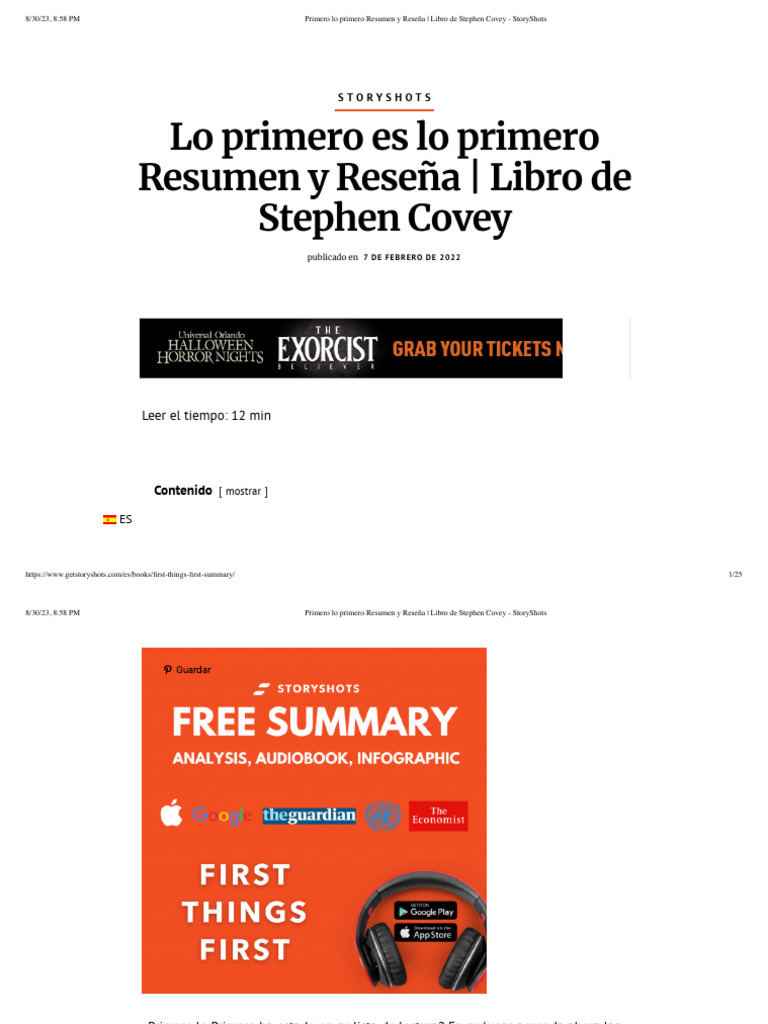 Primero lo primero Resumen y Reseña _ Libro de Stephen Covey - StoryShots | PDF | Gestión del ...
