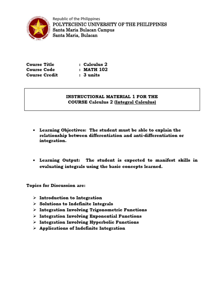 IM1 Calculus 2 Revised 2024 PUPSMB | PDF | Integral | Calculus