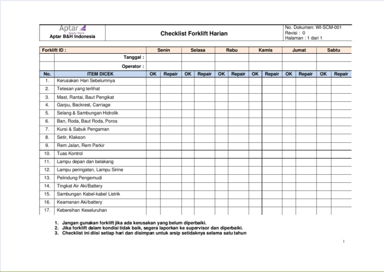 Dokumen Tips Ceklist Forklift Harian Pdf