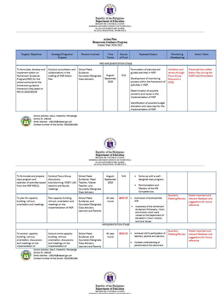 Aes HGP Action-Plan-2020-2021 | PDF | Learning | School Counselor