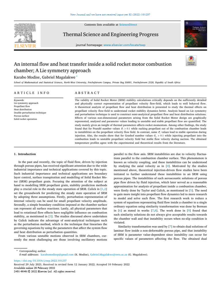 An internal flow and heat transfer inside a solid rocket motor combustion chamber_A Lie symmetry ...