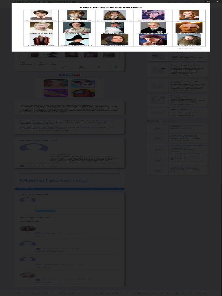 Harry Potter 1 - Characters Flashcards - English ESL Worksheets For ...