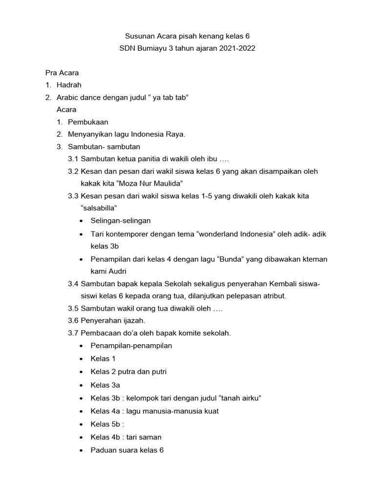 Susunan Acara pisah kenang kelas 6 | PDF