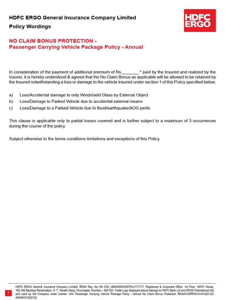 No Claim Bonus Protection Passenger Carrying Vehicle Package Policy ...