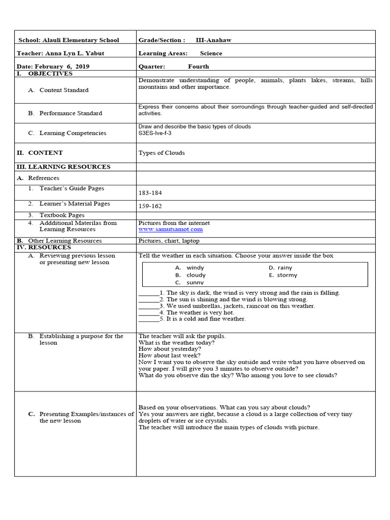 Grade 3 COT in Science Q4.docx Version 1 | PDF | Cloud | Sky