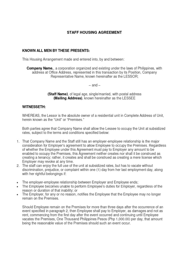 Staff Housing Agreement Overview | PDF | Lease | Employment